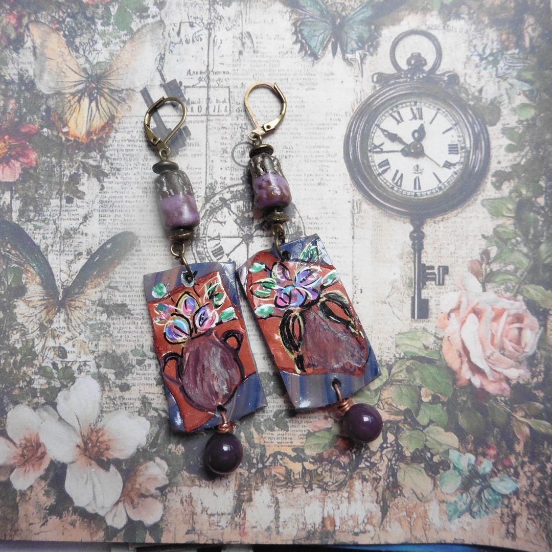 Long Earrings, Flower Amphora, Handmade Pottery Beads. Purple Spun ...