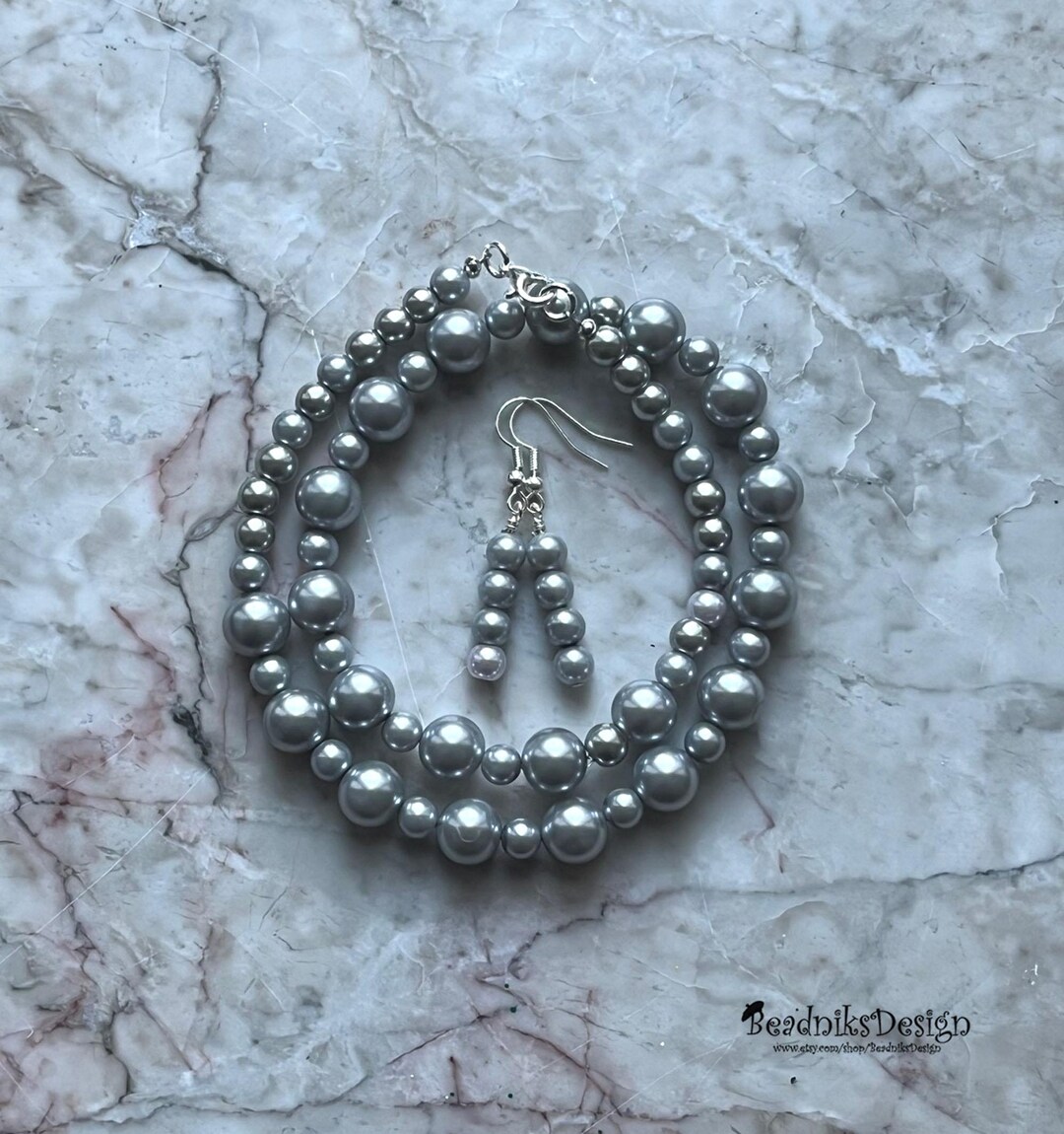 Silver/gray Glass Pearl Necklace and Earring Set - Etsy