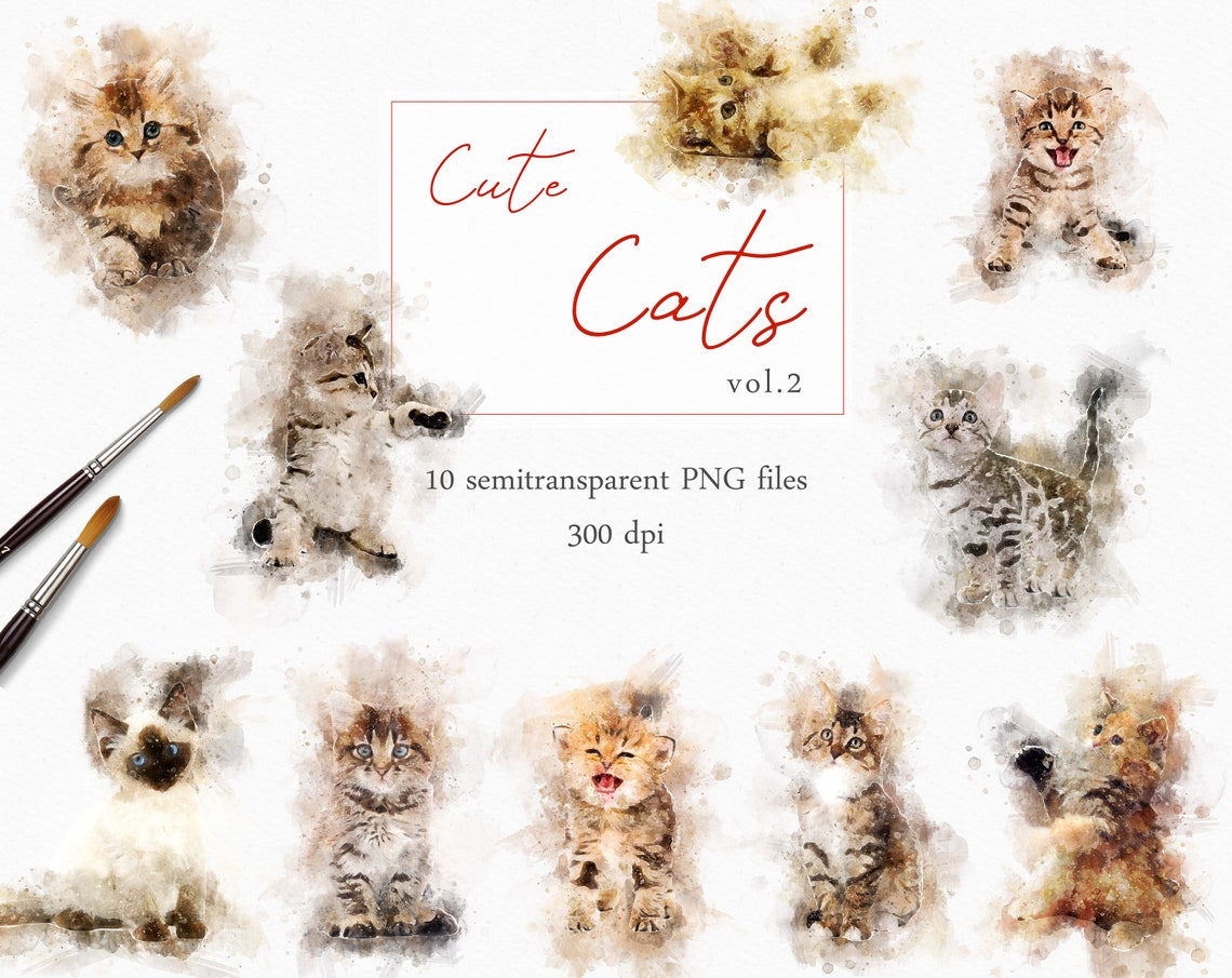 Cat Clipart, Cute Cats Watercolor Clip Art Vol. II, Kitten, DIY ...
