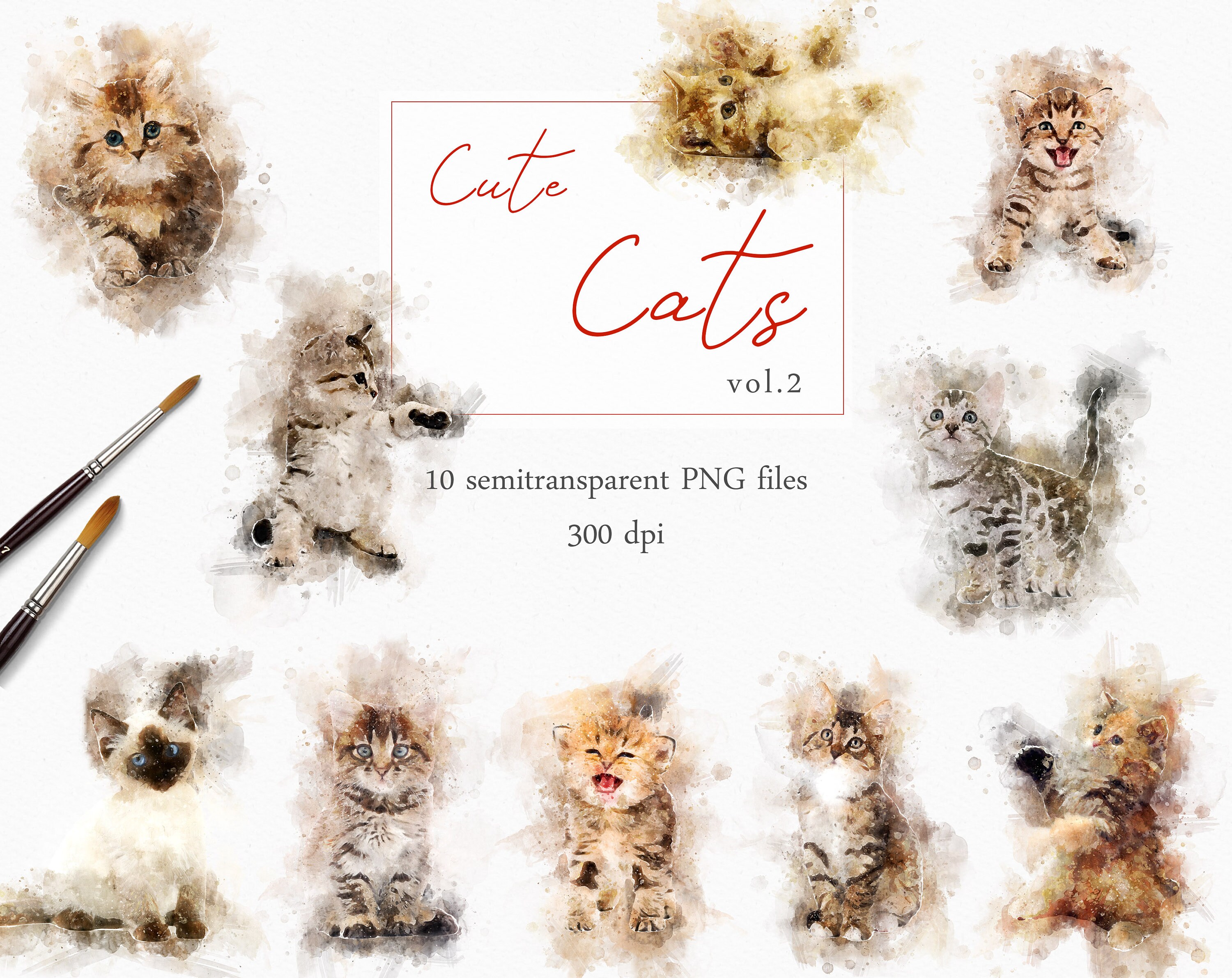 Cat Clipart Cute Cats Watercolor Clip Art vol. II Kitten | Etsy