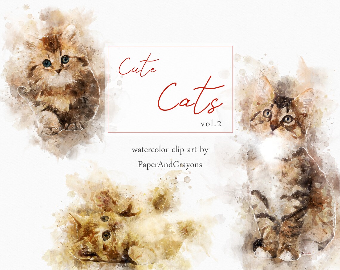 Cat Clipart Cute Cats Watercolor Clip Art Vol. II Kitten - Etsy