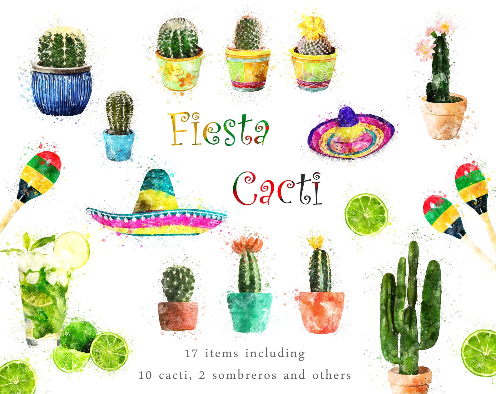 Fiesta Cacti Clipart Set Succulent Clip Art Watercolor | Etsy