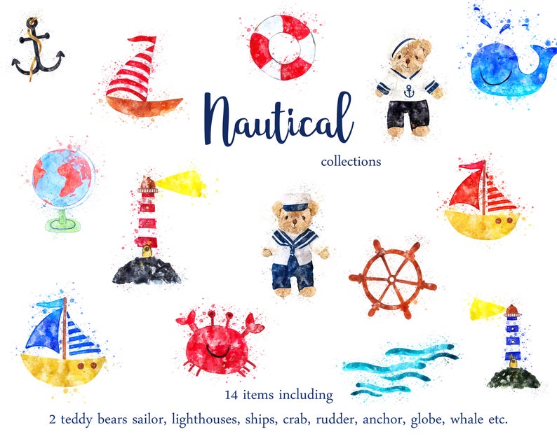 Nautical Teddy Bear Clipart, Sea Watercolor Clip Art, Teddy Graphic ...