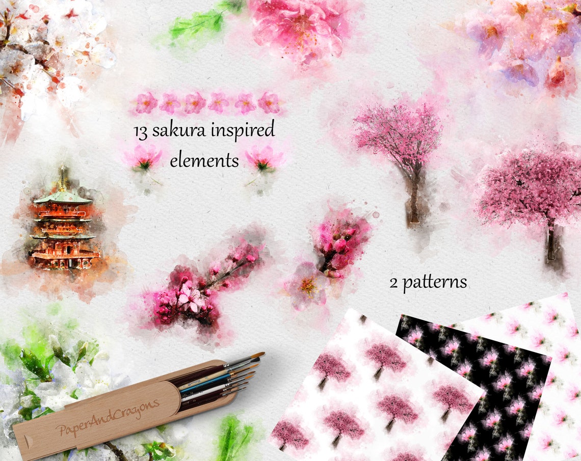Sakura Watercolor Clipart Set, Cherry Blossom Watercolor Clip Art, Pink ...