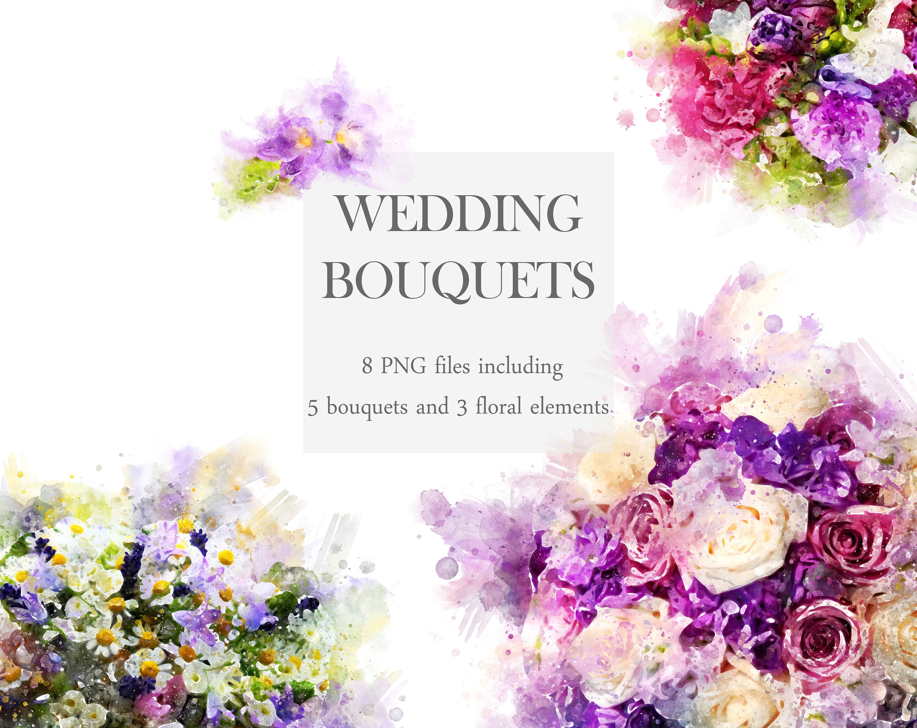 Watercolor Wedding Bouquets Clipart, Floral Clip Art, Blue, White, Pink ...