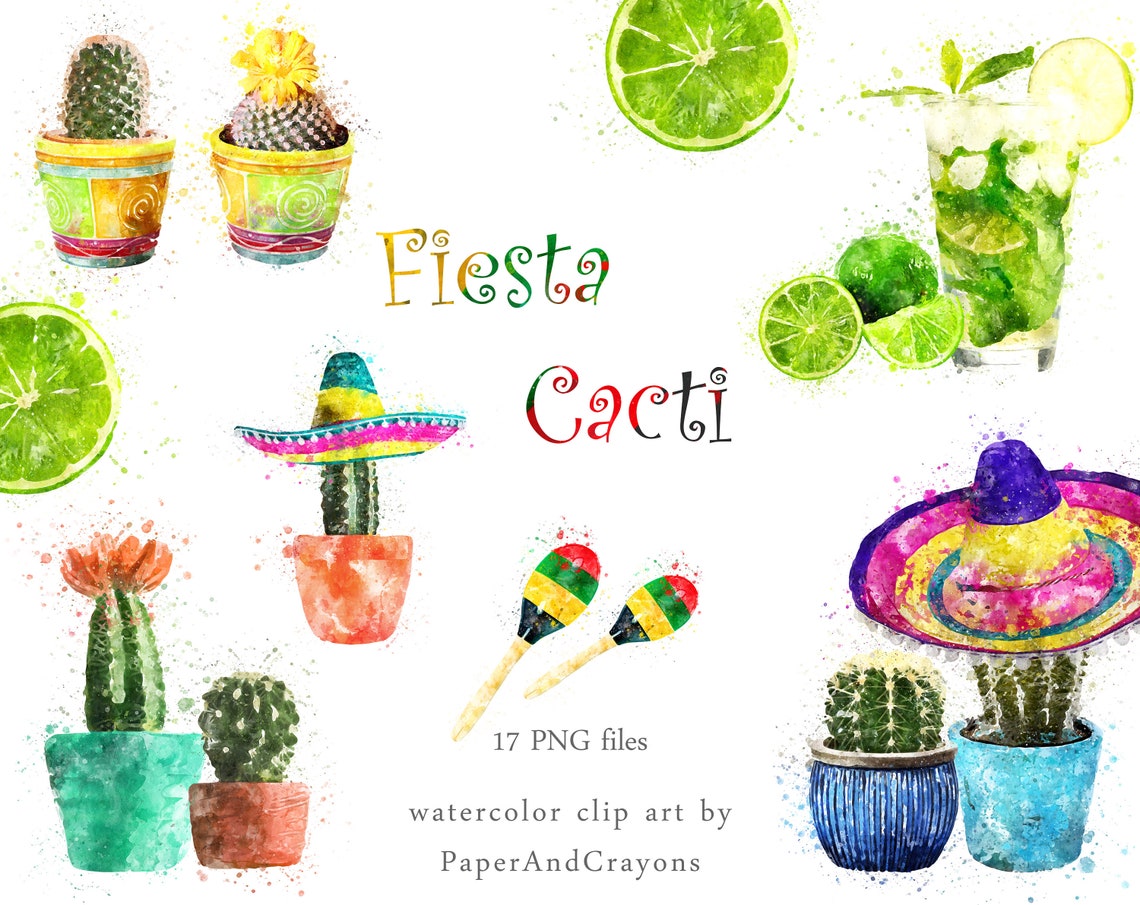 Fiesta Cacti Clipart Set, Succulent Clip Art, Watercolor Clipart ...