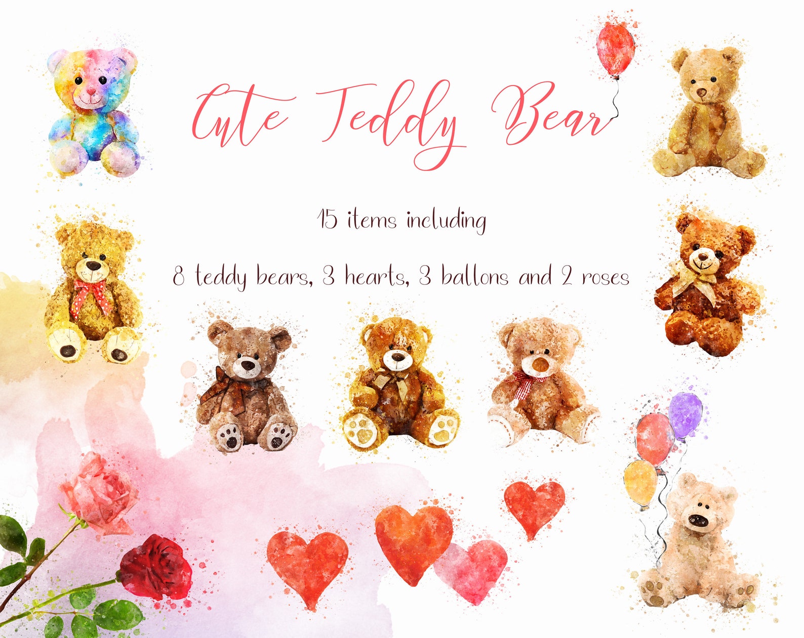 Cute Teddy Bear Clipart Watercolor Clip Art Animal Graphics | Etsy