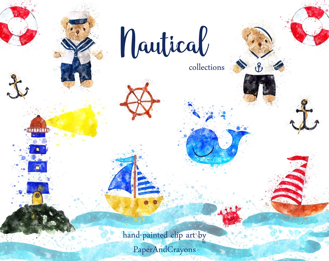 Nautical Teddy Bear Clipart Sea Watercolor Clip Art Teddy - Etsy Israel