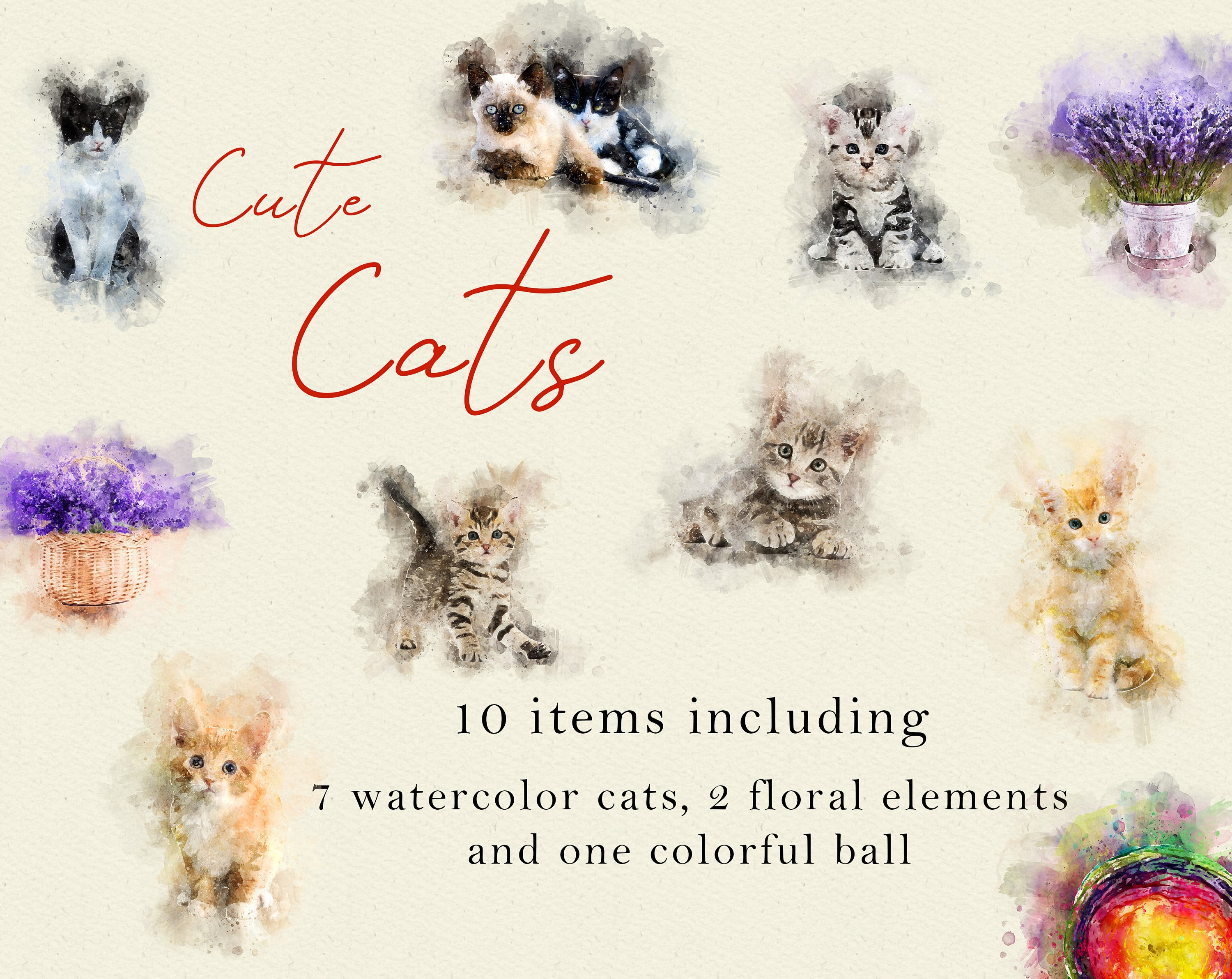 Cat Clipart Cute Cats Watercolor Clip Art Kitten DIY - Etsy