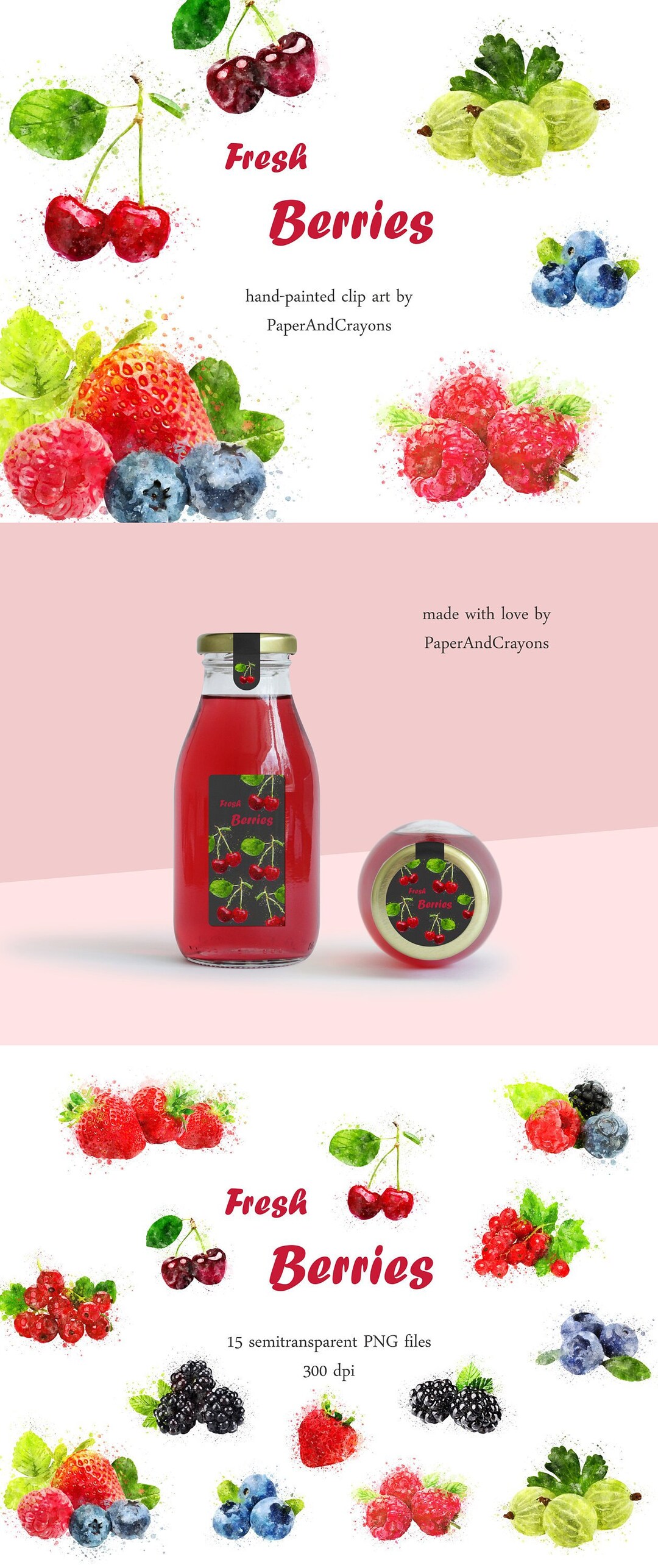 Fruit Clipart, Fresh Berries Watercolor Clip Art, Fruits Graphics ...