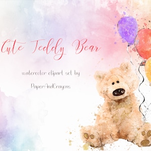 Cute Teddy Bear Clipart, Watercolor Clip Art, Animal Graphics, Baby ...