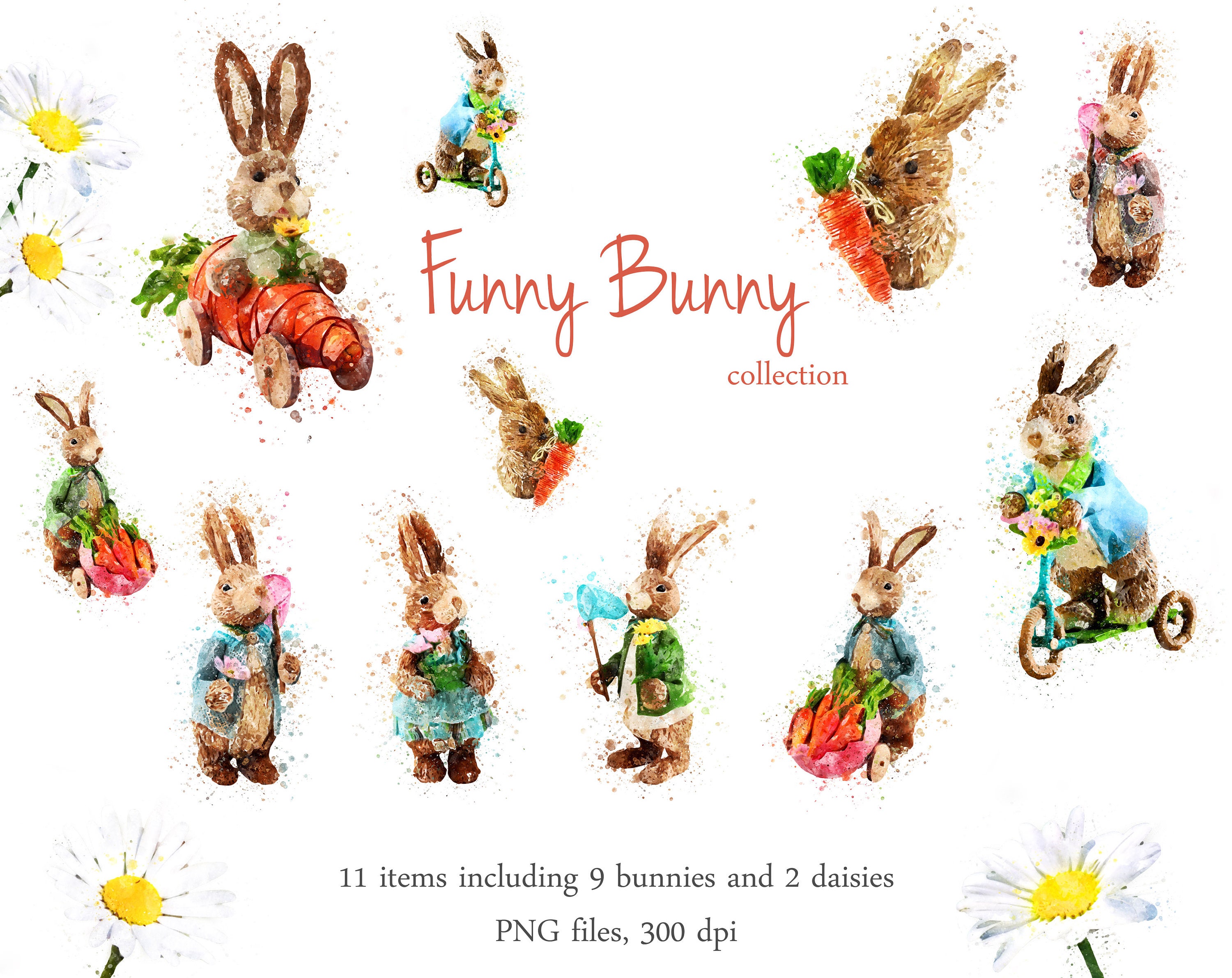 Funny Bunny Clipart, Hare Watercolor Clip Art, Whimsical Animal ...