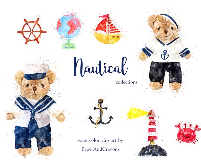 Nautical Teddy Bear Clipart, Sea Watercolor Clip Art, Teddy Graphic ...