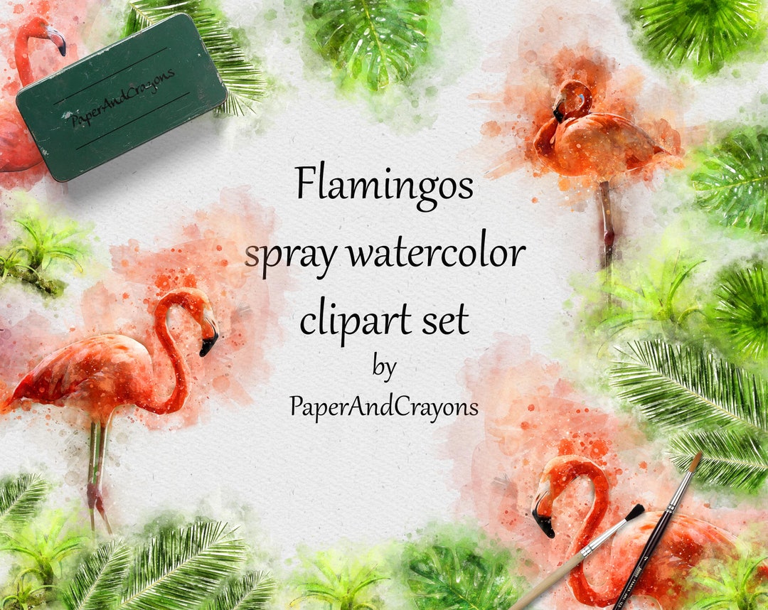 Pink Flamingo Watercolor Clipart, Tropical Clip Art, Spray Watercolor ...