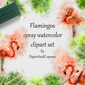 Pink Flamingo Watercolor Clipart, Tropical Clip Art, Spray Watercolor ...