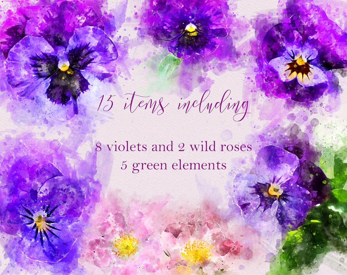 Violet Floral Clipart, Watercolor Clipart Set, Flower Clip Art Violet ...