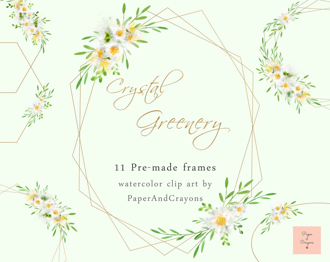Watercolor Greenery Geometric Clipart, Floral Frames Clip Art, Crystal ...