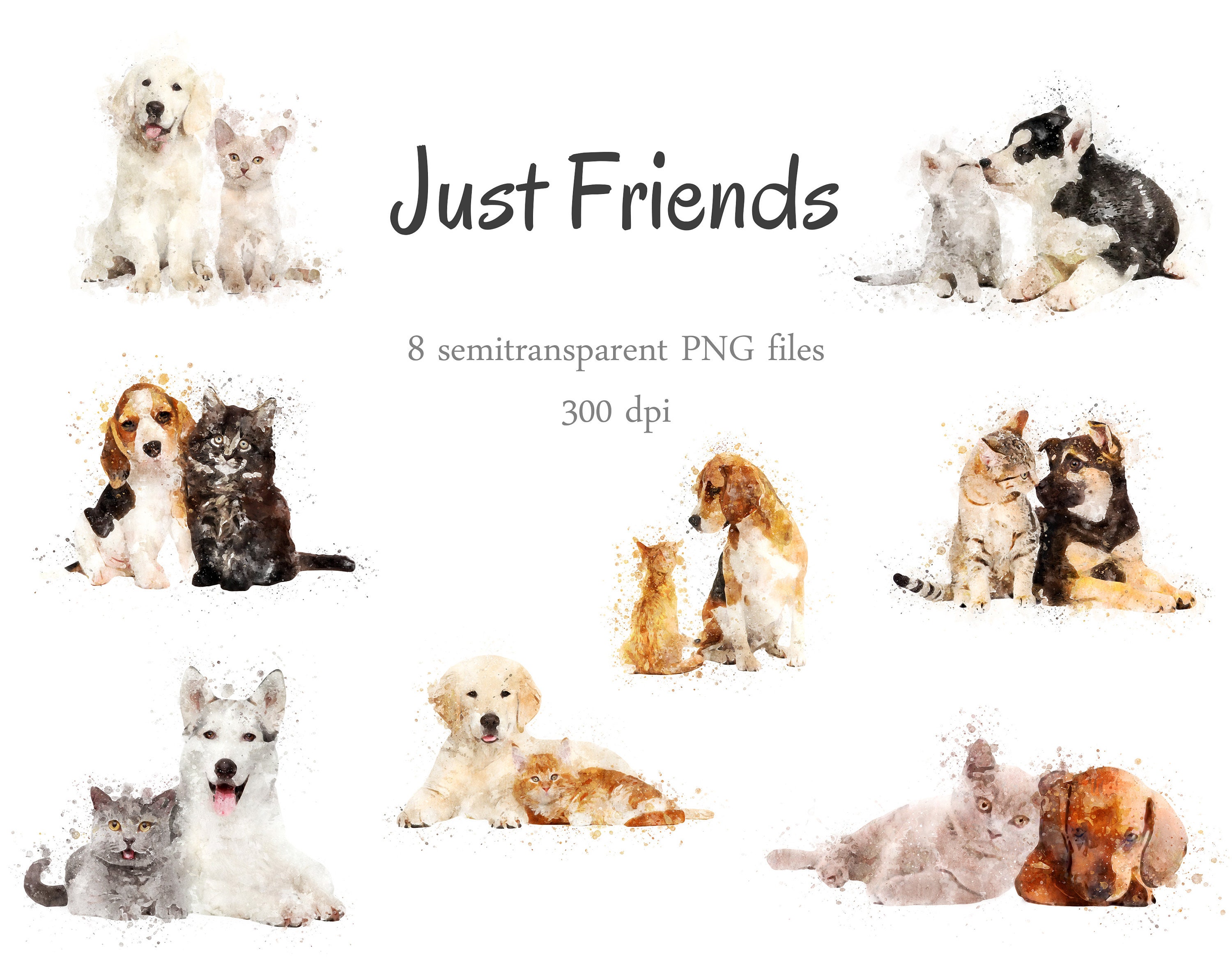 Watercolor Dogs Cat Clipart Dog Clip Art Friends Kitty - Etsy