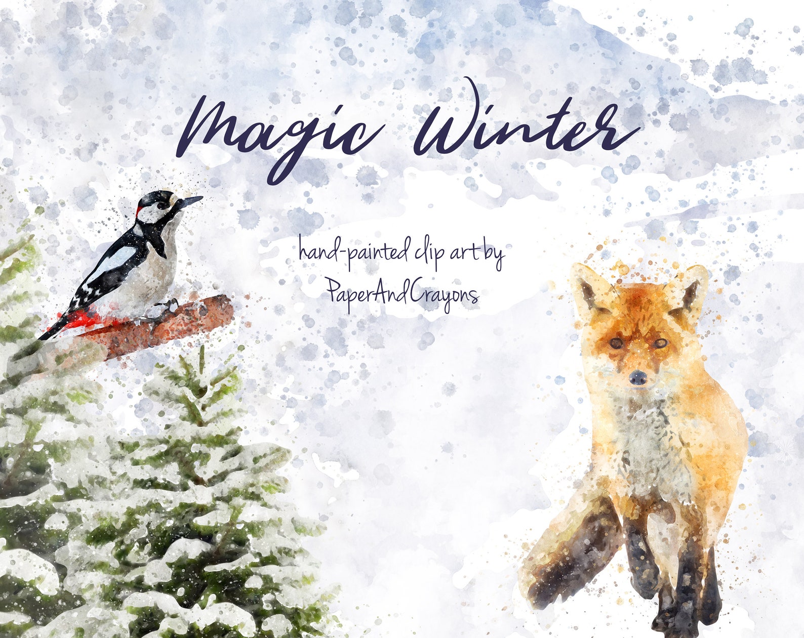 Magischer Winter Clipart, Wald Aquarell Clipart, Tier Clip Art, Fuchs ...