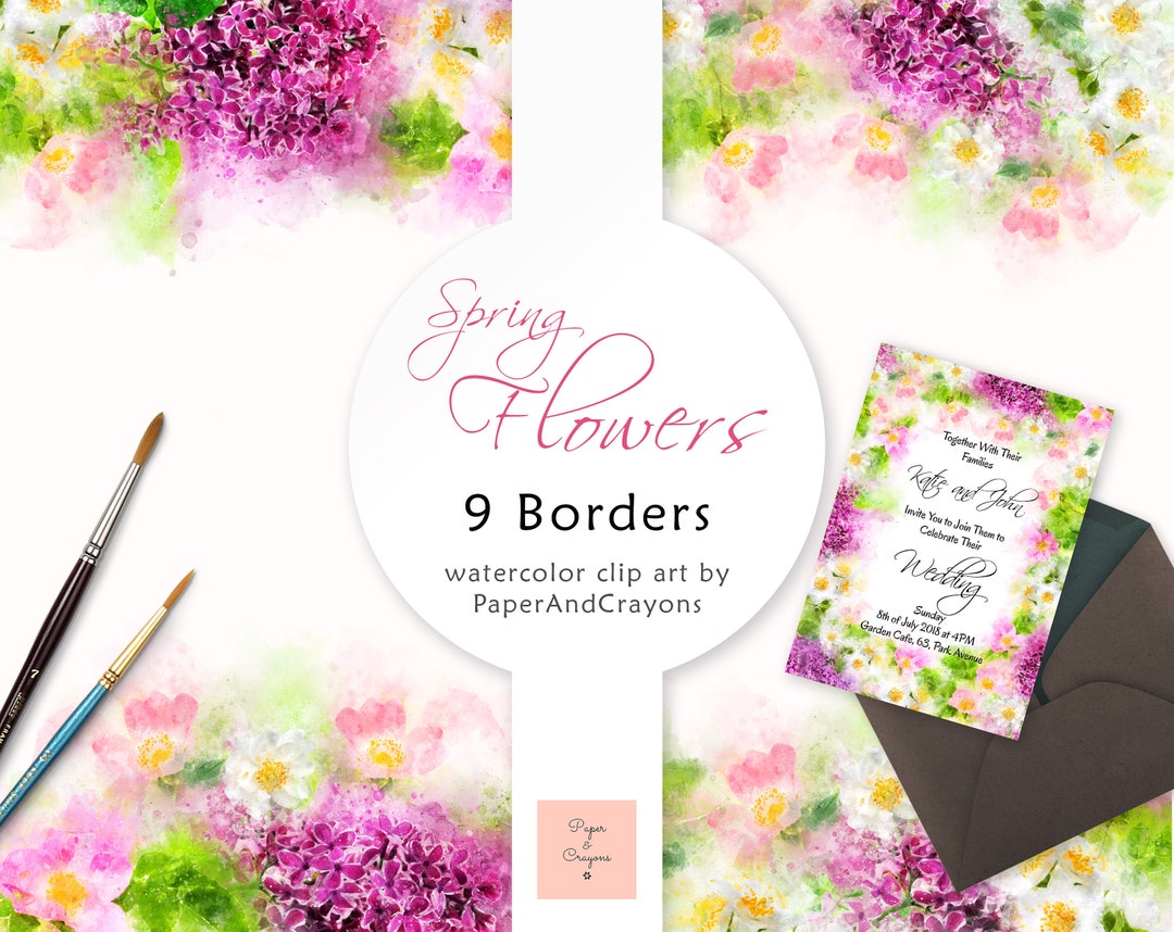 Spring Flowers Watercolor Frames Set, Floral Borders,purple,violet,pink ...