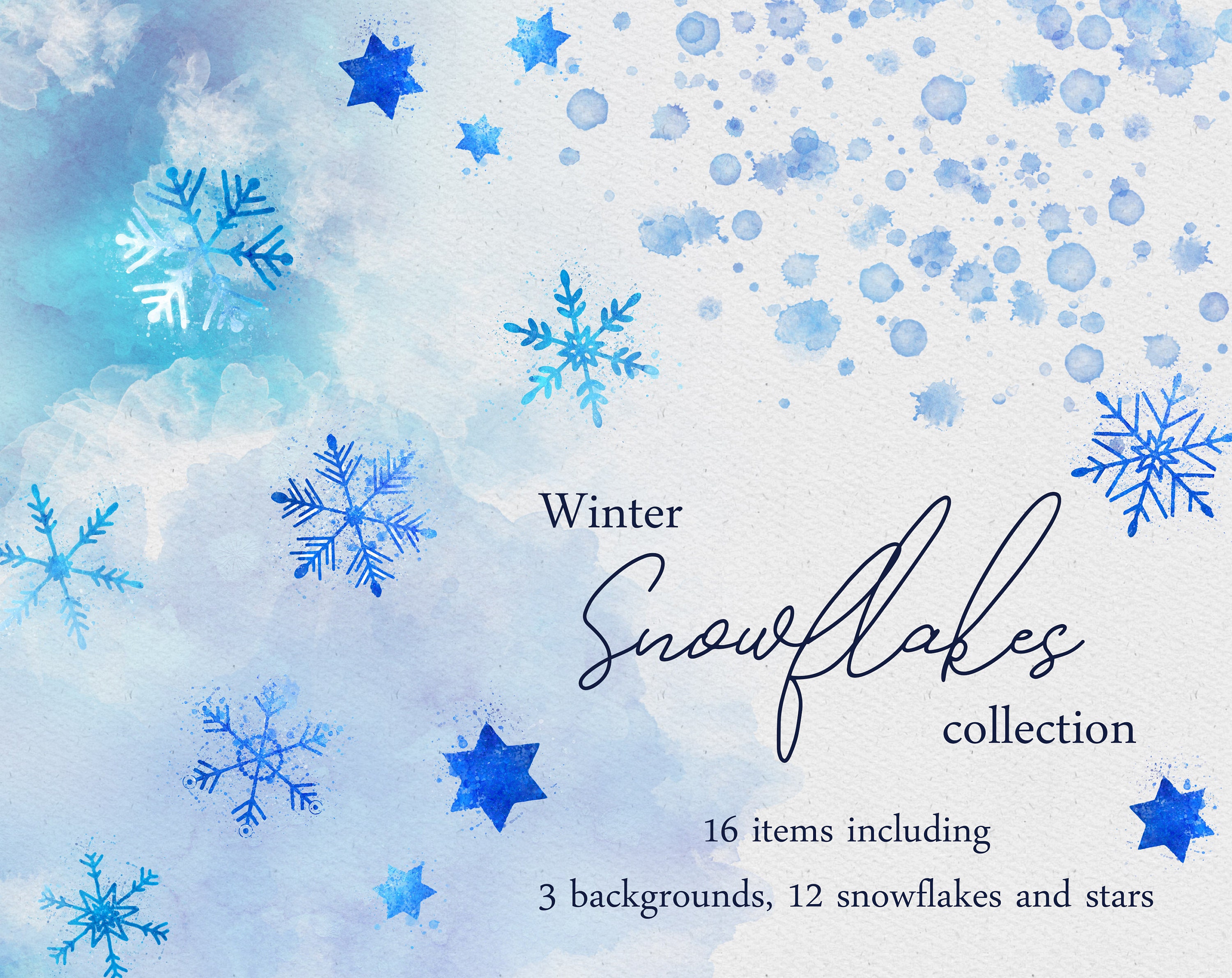 Snowflake Clipart Collection Hand Painted Winter Watercolor | Etsy
