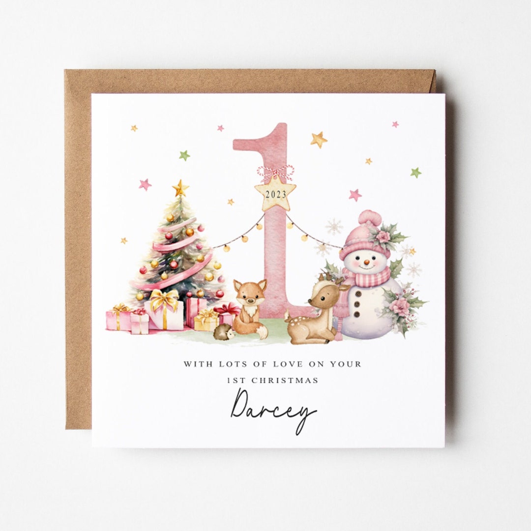 Baby Girl's 1st Christmas Card, First Christmas, Forest, Snowman ...
