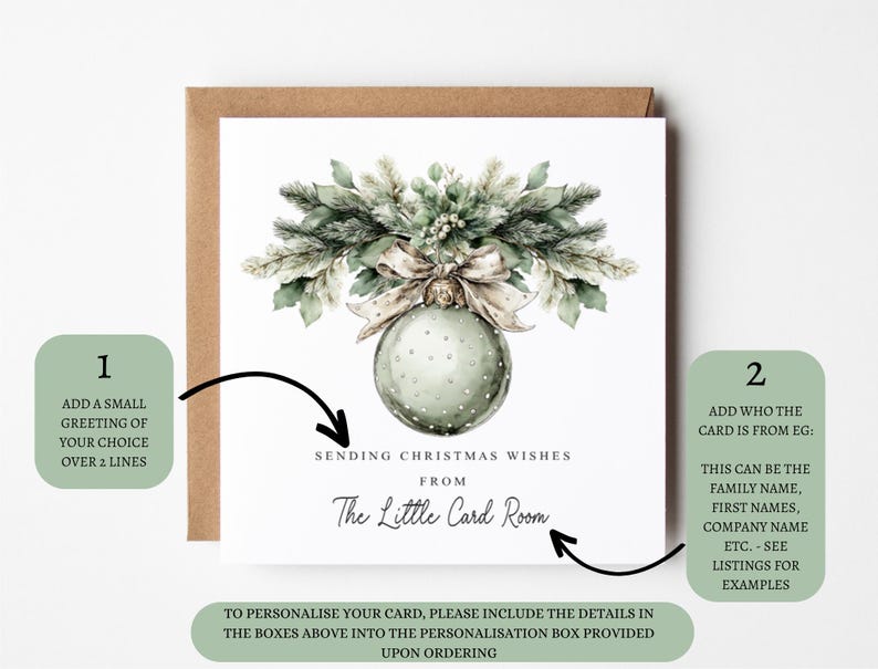 Personalised Multipack Sage Green Bauble and Pine Sprig Cards – Custom ...