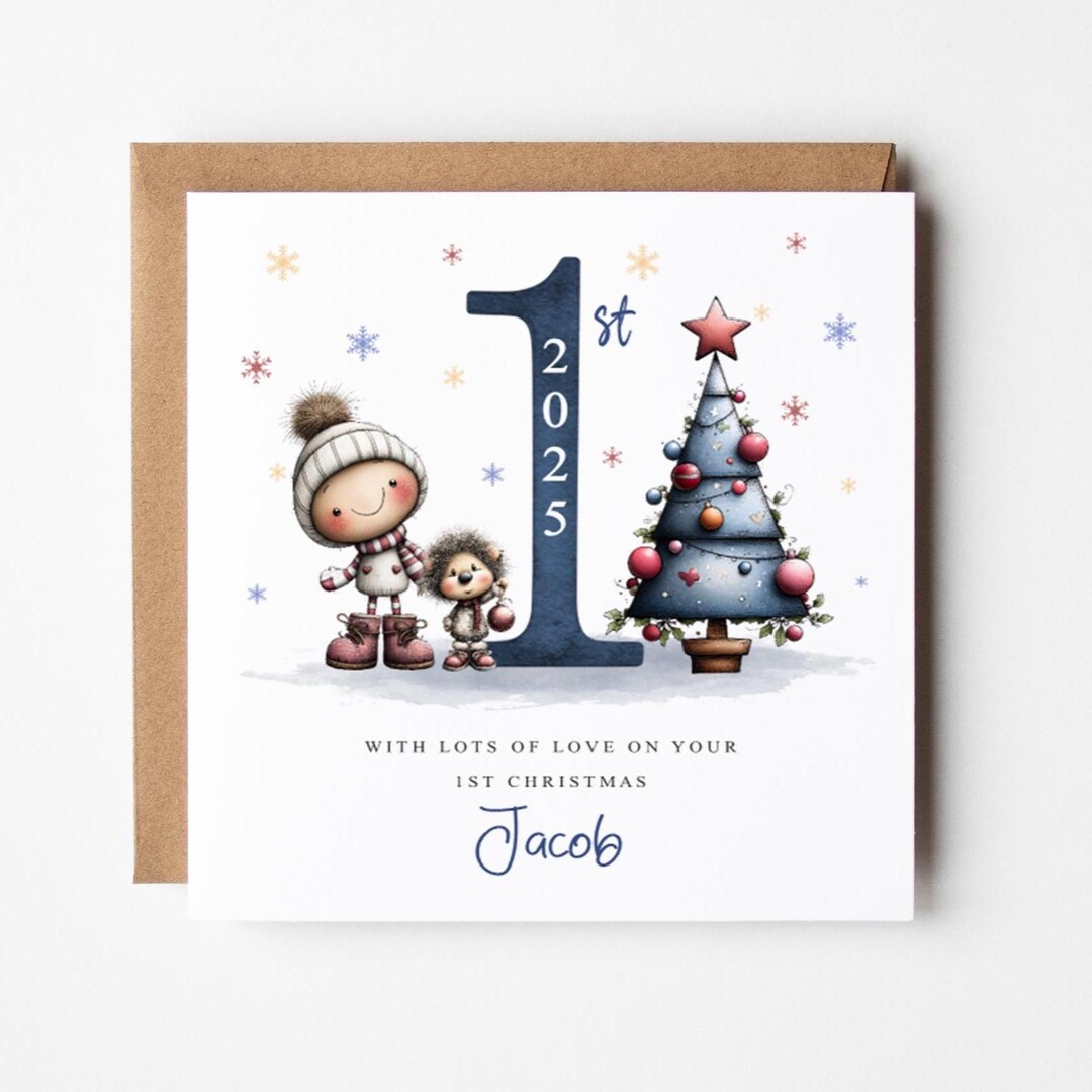 Personalised Baby's First Christmas Card – Whimsical Theme With Blue ...