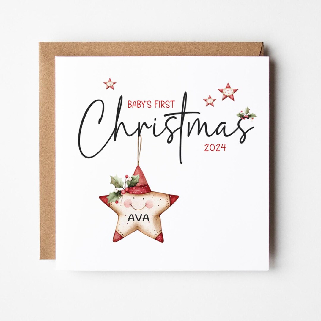 Personalised Baby's 1st Christmas Card, Cute Hanging Star for Little ...