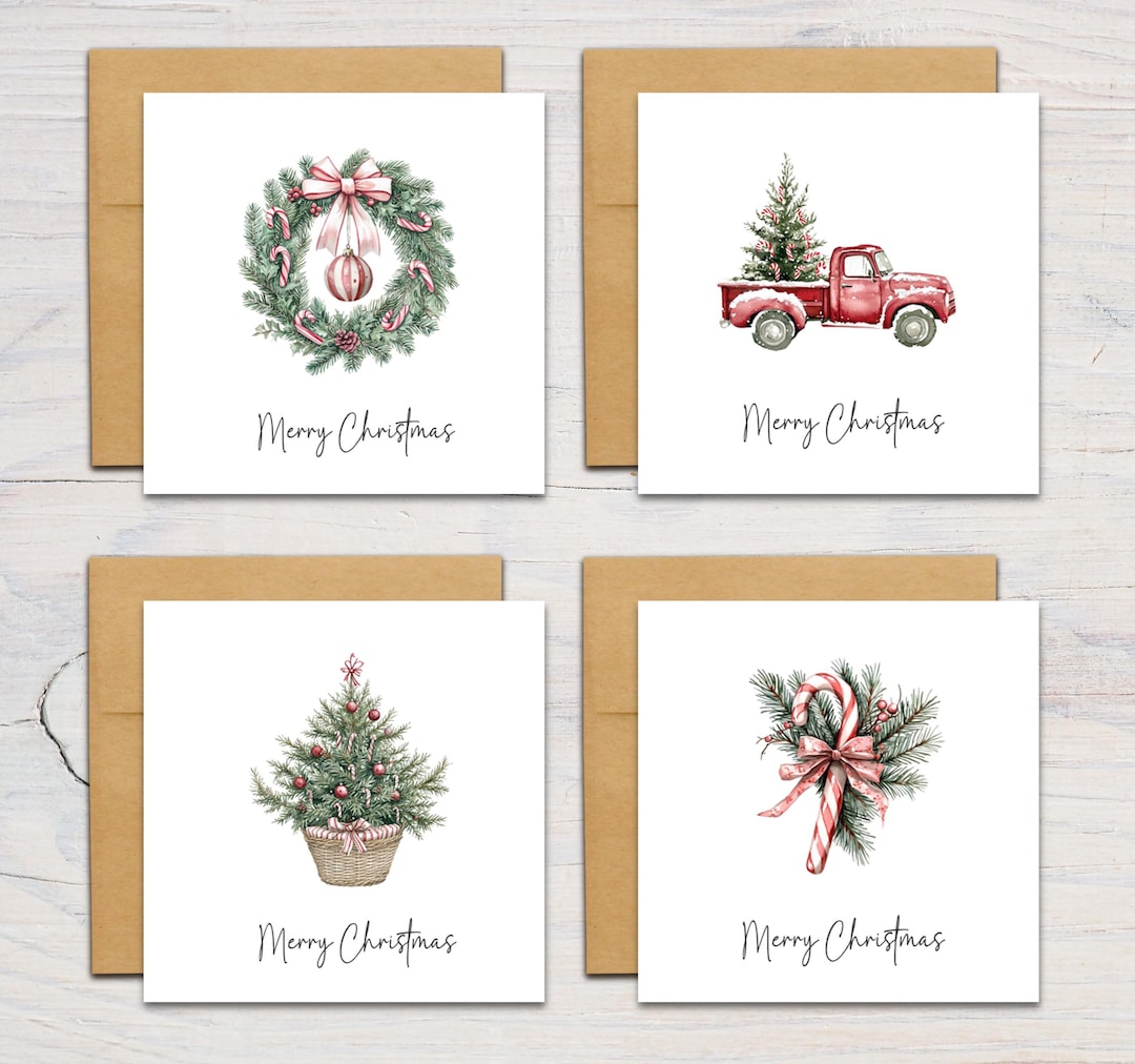 4 Pack Candy Cane Themed Christmas Cards, Winter Holidays Card Set ...