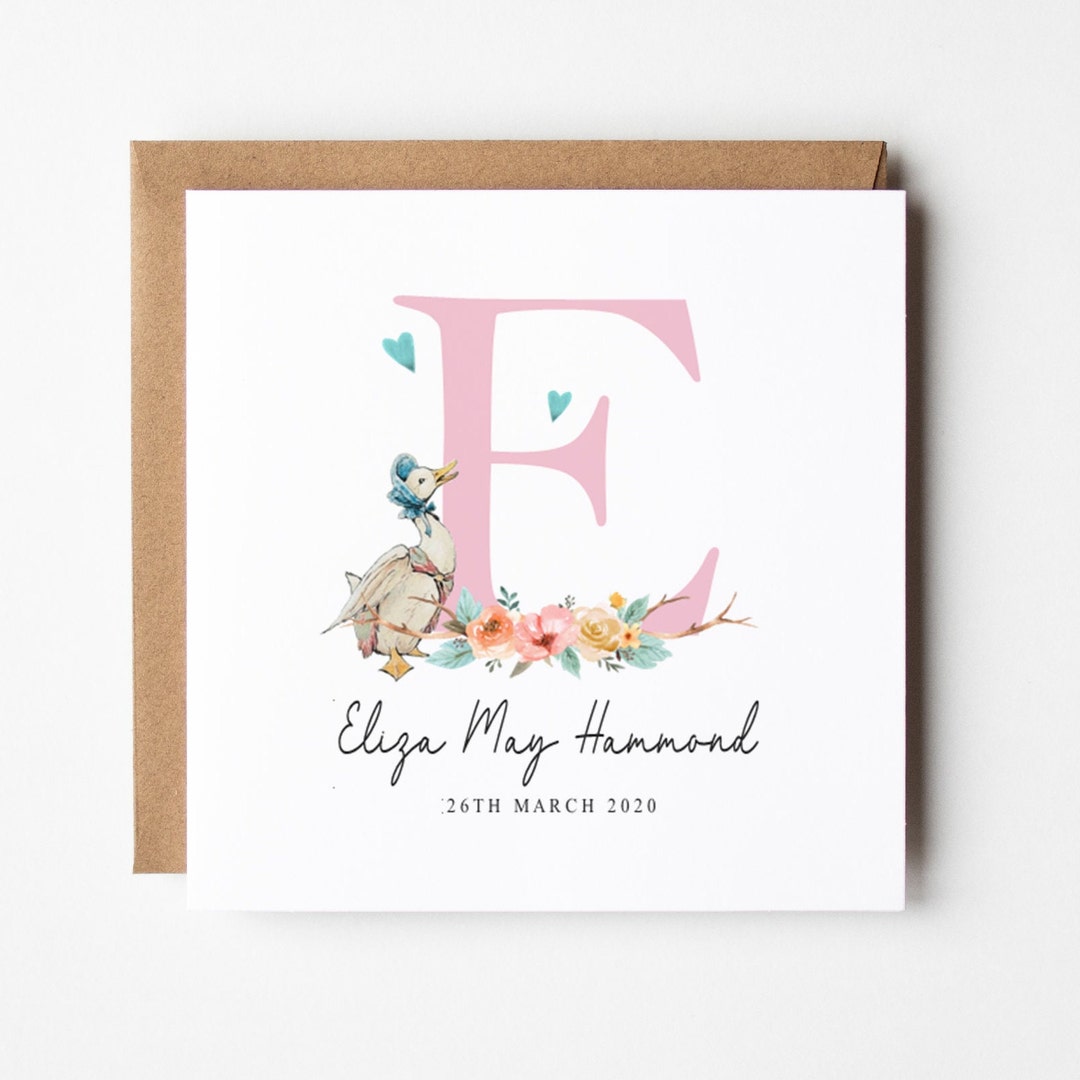 Personalised Jemima Puddle-duck Birth Card, Baby Girl Birth Card, Baby ...