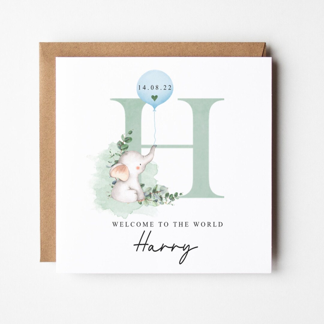 Personalised New Baby Elephant Card, Birth Initial, Newborn, Birth Card ...