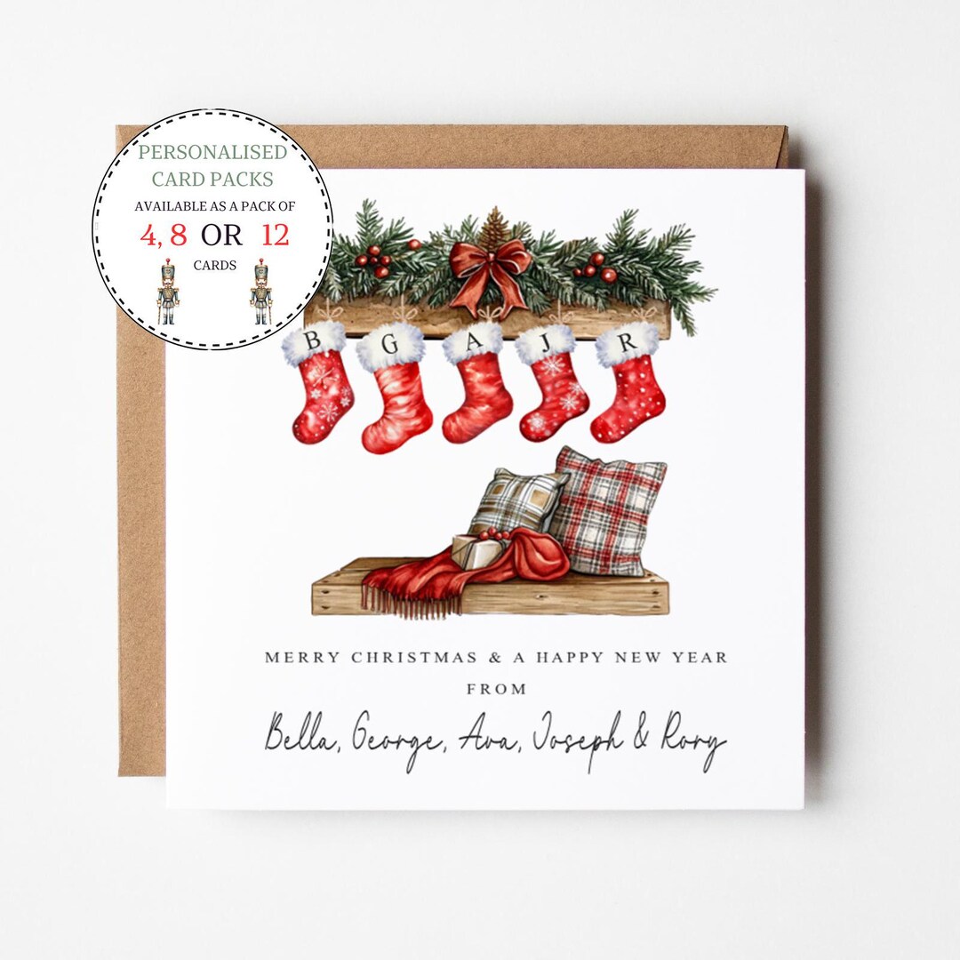 Multipack 5 X Stockings Personalised Christmas Cards, Five Stockings ...