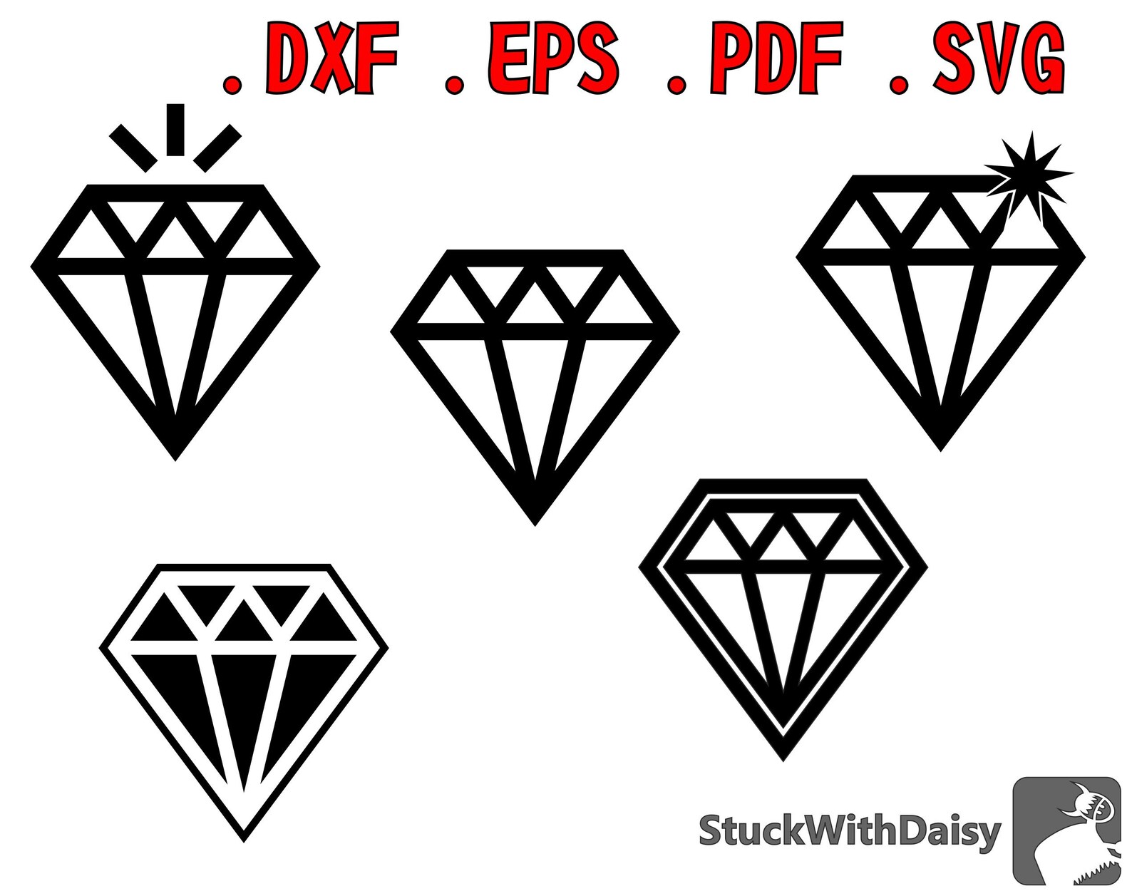 5 Individual Diamonds Shapes Valentines Outlines Digital Download ...