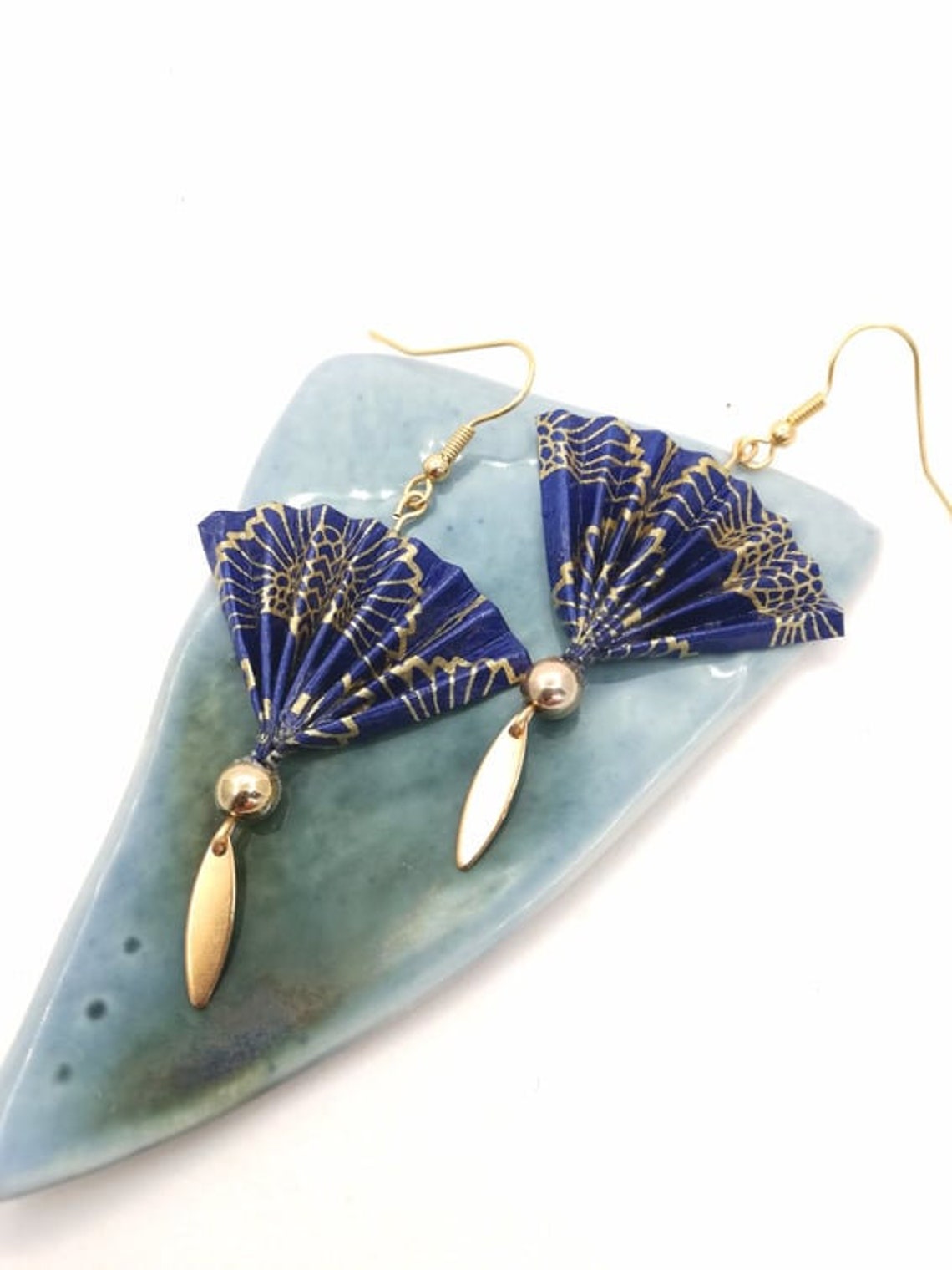 Eventail origami papier bleu et or, boucles d'oreilles origami éventail ...