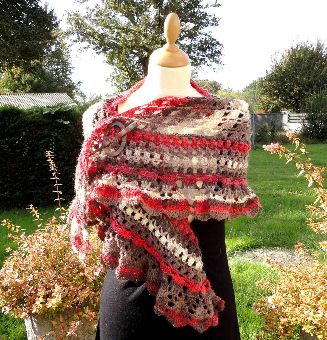 Mini Shawl Pilgrim Scarf Crochet Handmade Angora Wool Brown Red Cream ...