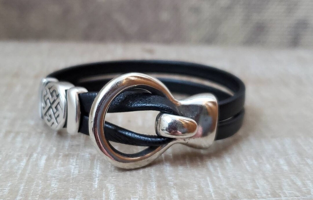 Silver Celtic + Black Leather Hook Wrap Bracelet, Celtic Knot Charm ...
