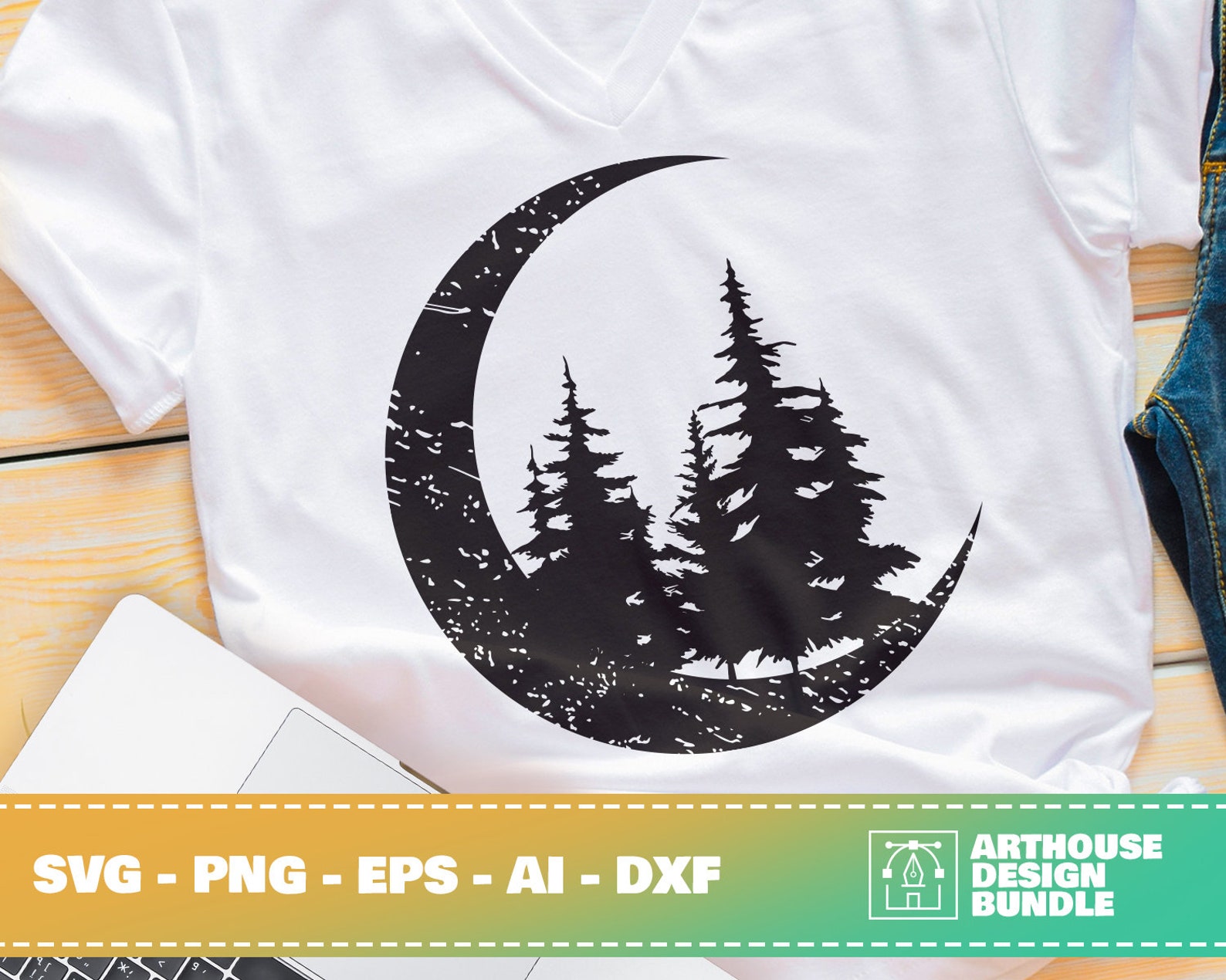 Moon and Trees SVG Distressed Moon Svg Moon Clipart Svg - Etsy