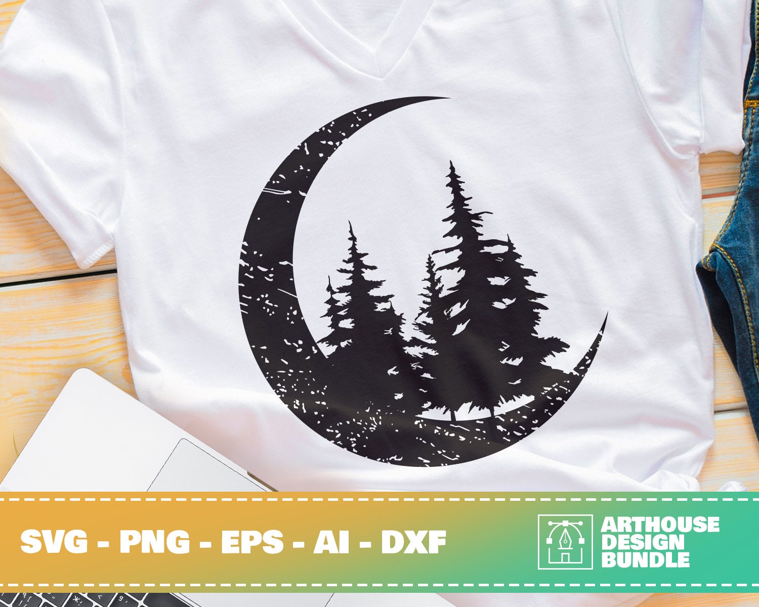 Moon and Trees SVG Distressed Moon Svg Moon Clipart Svg | Etsy