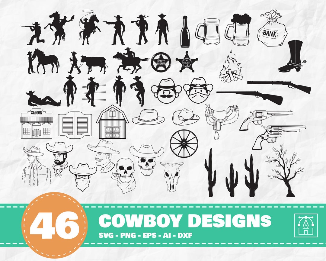 Cowboy Design Bundle 46 SVG, PNG, EPS, Cowboy Silhouette, Cowboy Svg ...