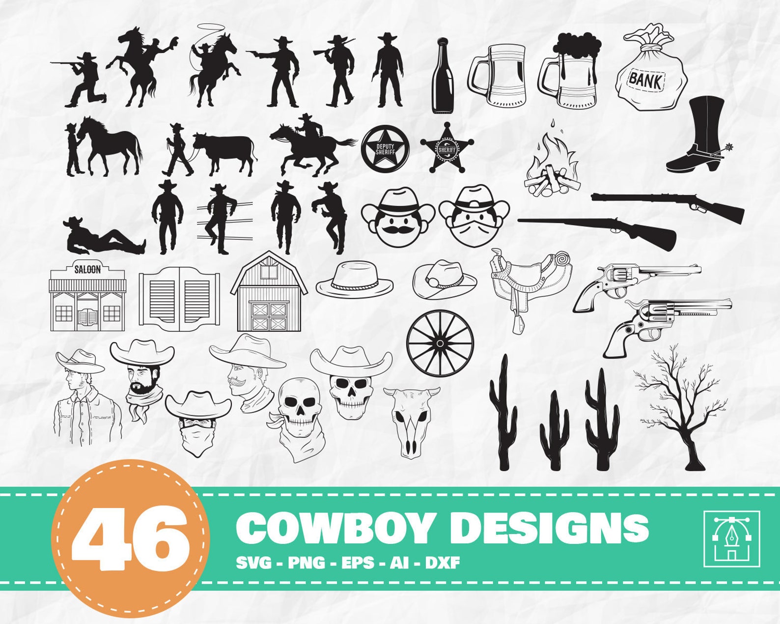 Cowboy Design Bundle 46 SVG PNG EPS Cowboy Silhouette | Etsy