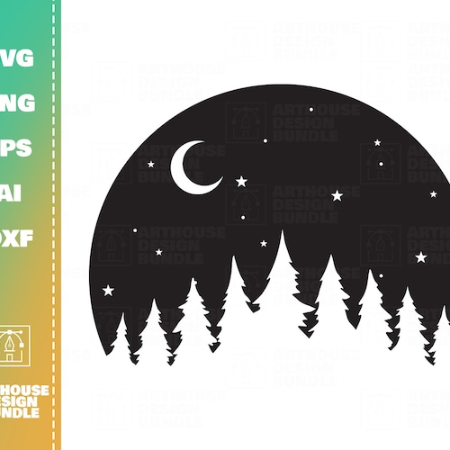 Starry Night. Forest Night Moon and Stars Silhouette | Etsy