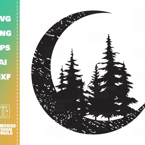 Trees and Moon SVG Distressed Moon Svg Moon Clipart Svg - Etsy