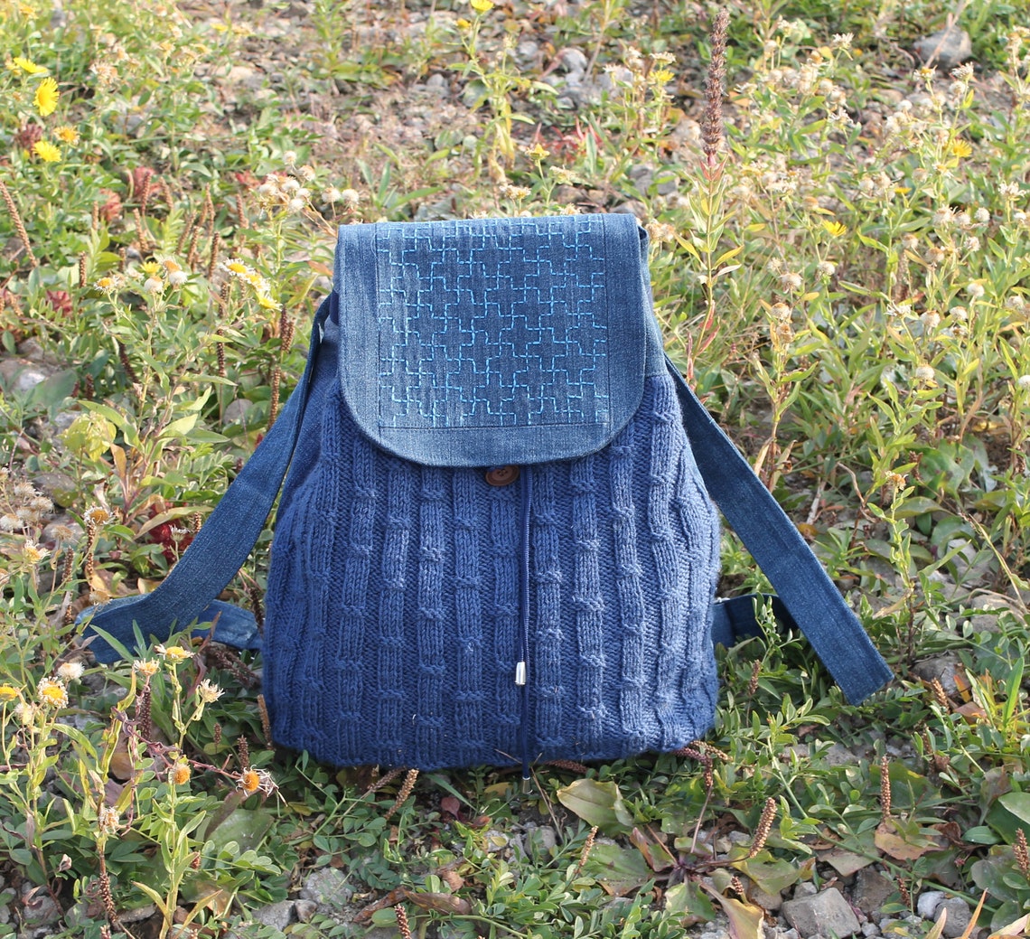 Unisex upcycled vintage jeans blue backpack. Knitted backpack. | Etsy