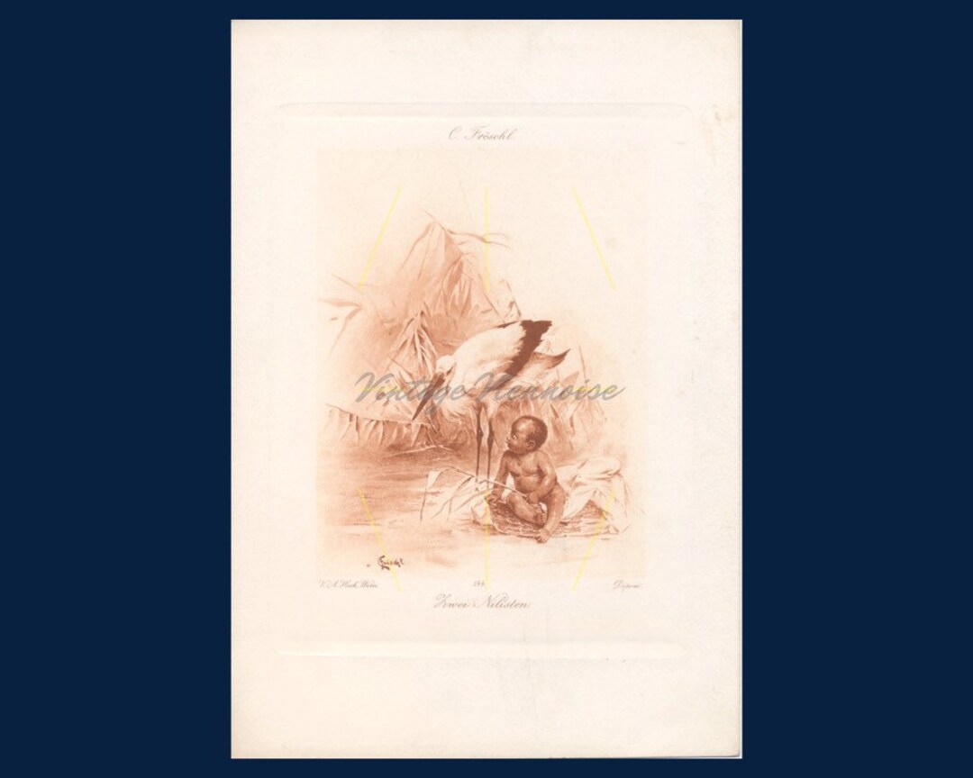 Antique Stork Print Baby and Stork African Art Vintage Baby Shower Nile ...