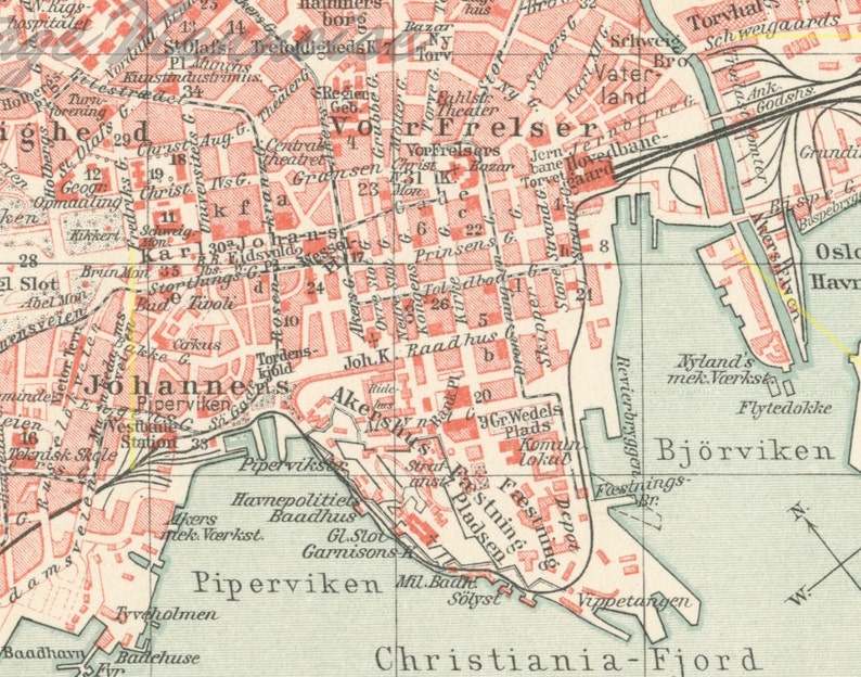 Mapa antiguo de Oslo. Impresión del mapa de Oslo. Mapa de Noruega. Arte ...