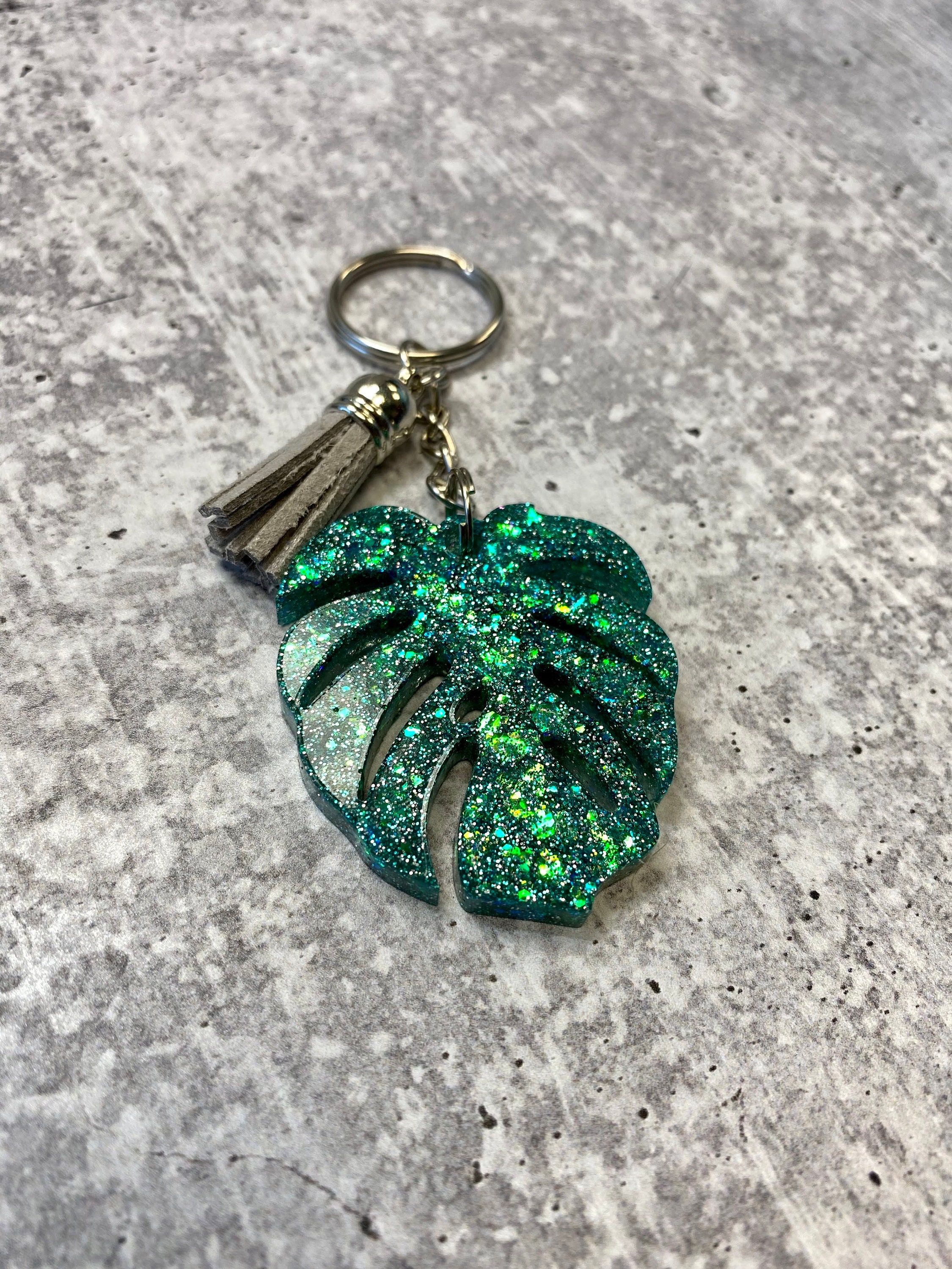 Green Glitter Monstera Leaf Keychain