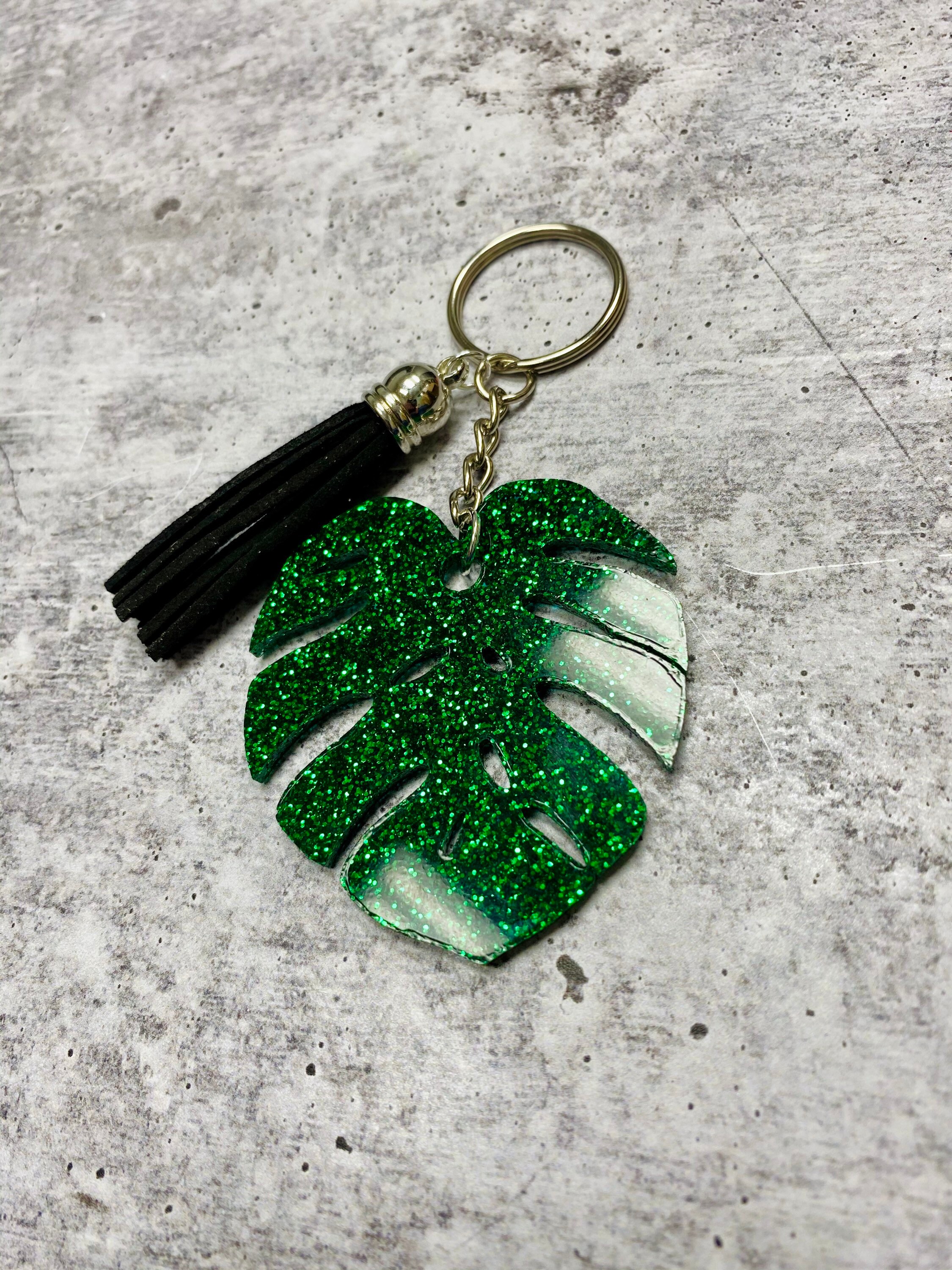 Green Glitter Monstera Leaf Keychain