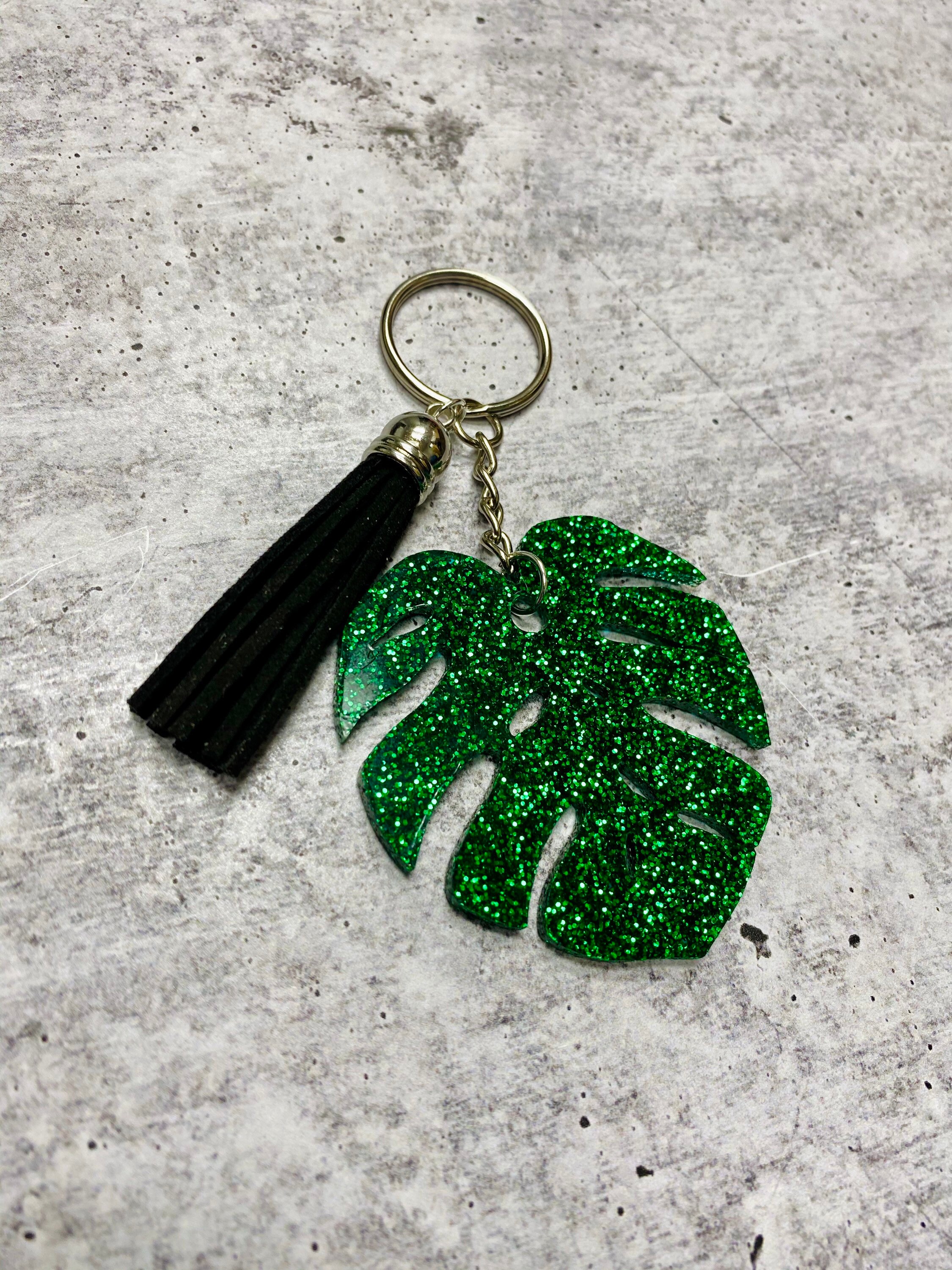 Green Glitter Monstera Leaf Keychain