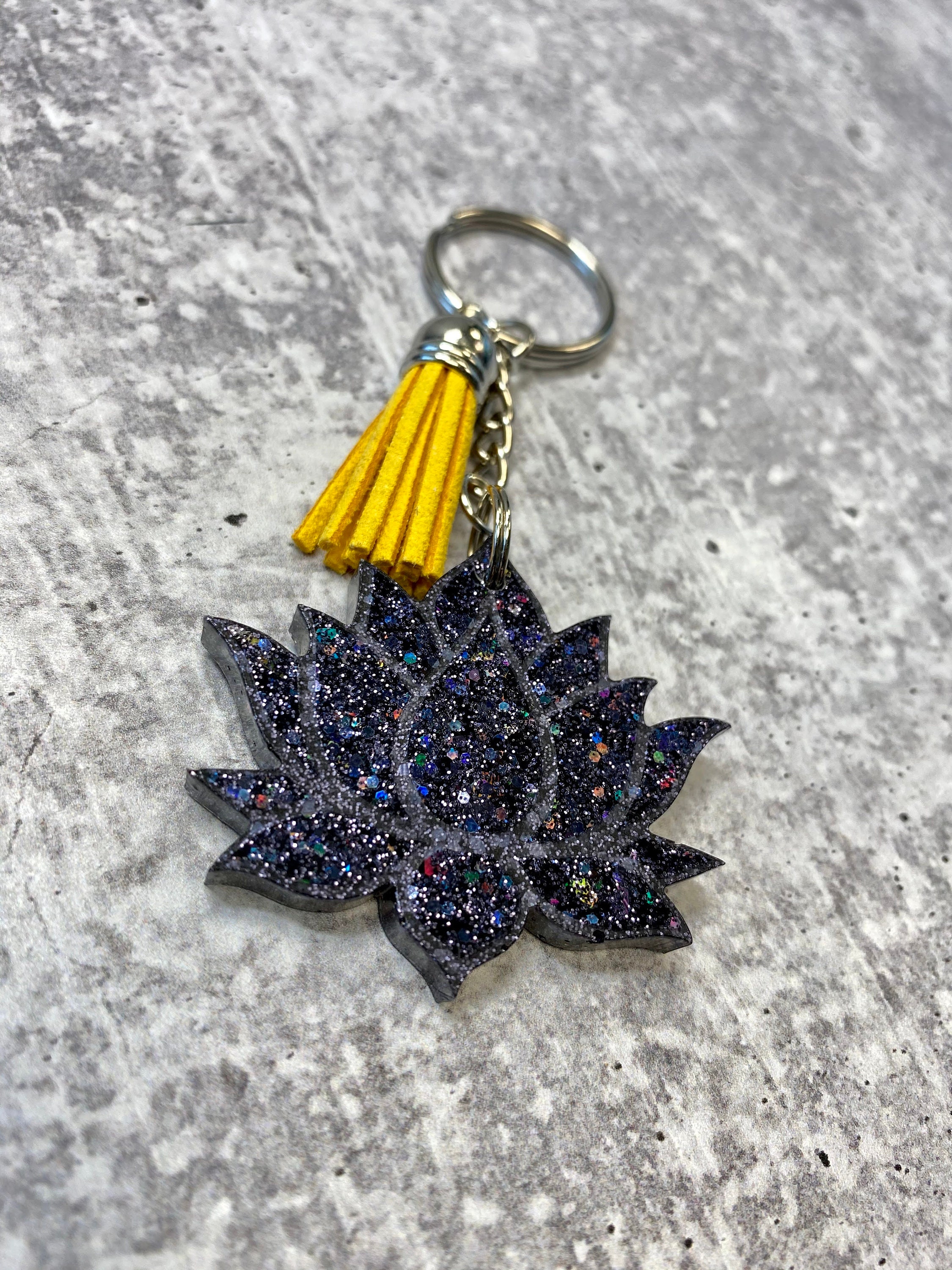 Black Glitter Lotus Keychain